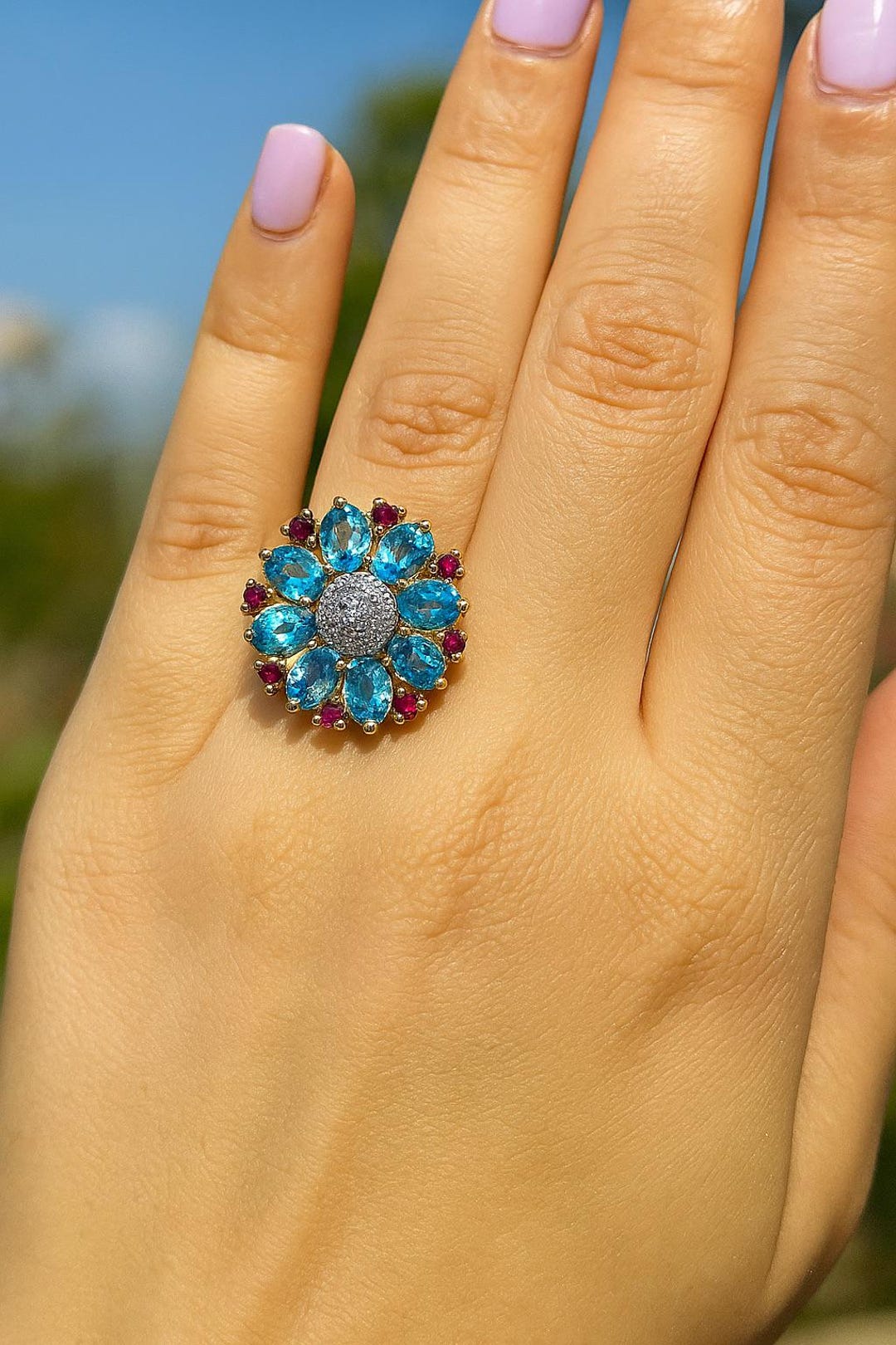 Blue Topaz & Ruby Flower Ring, Vintage Halo Cocktail Ring, Statement ...