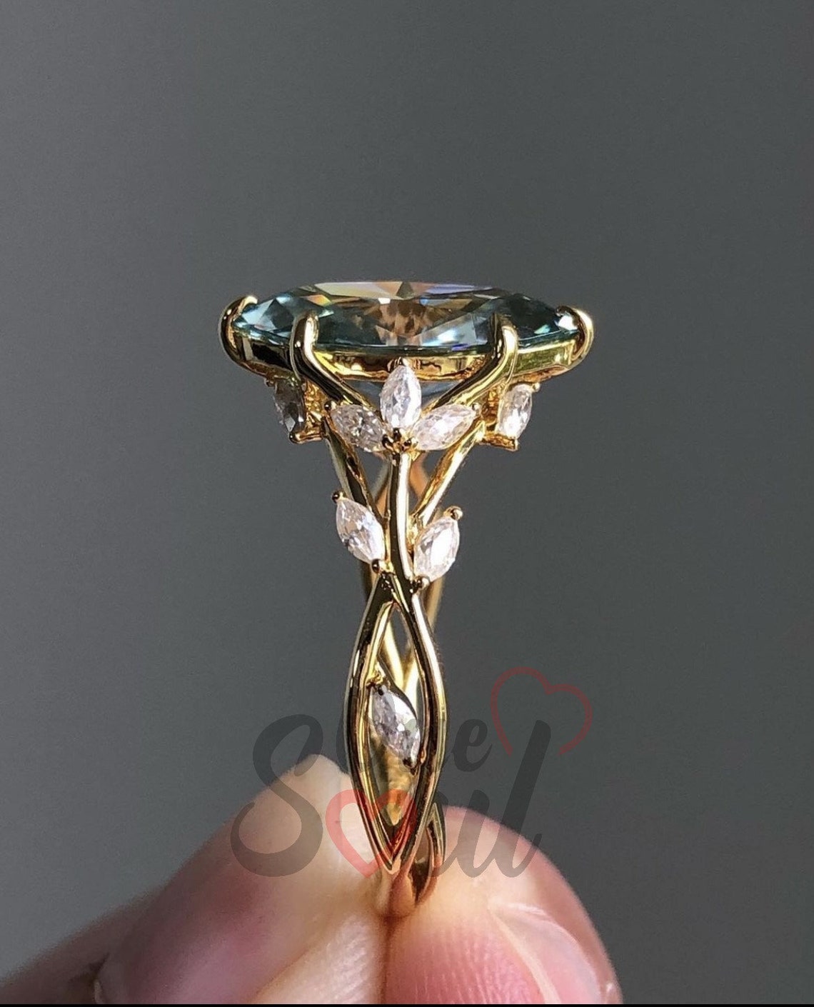 Blue Green Marquise Cut Moissanite Engagement Ring. Vintage - Etsy