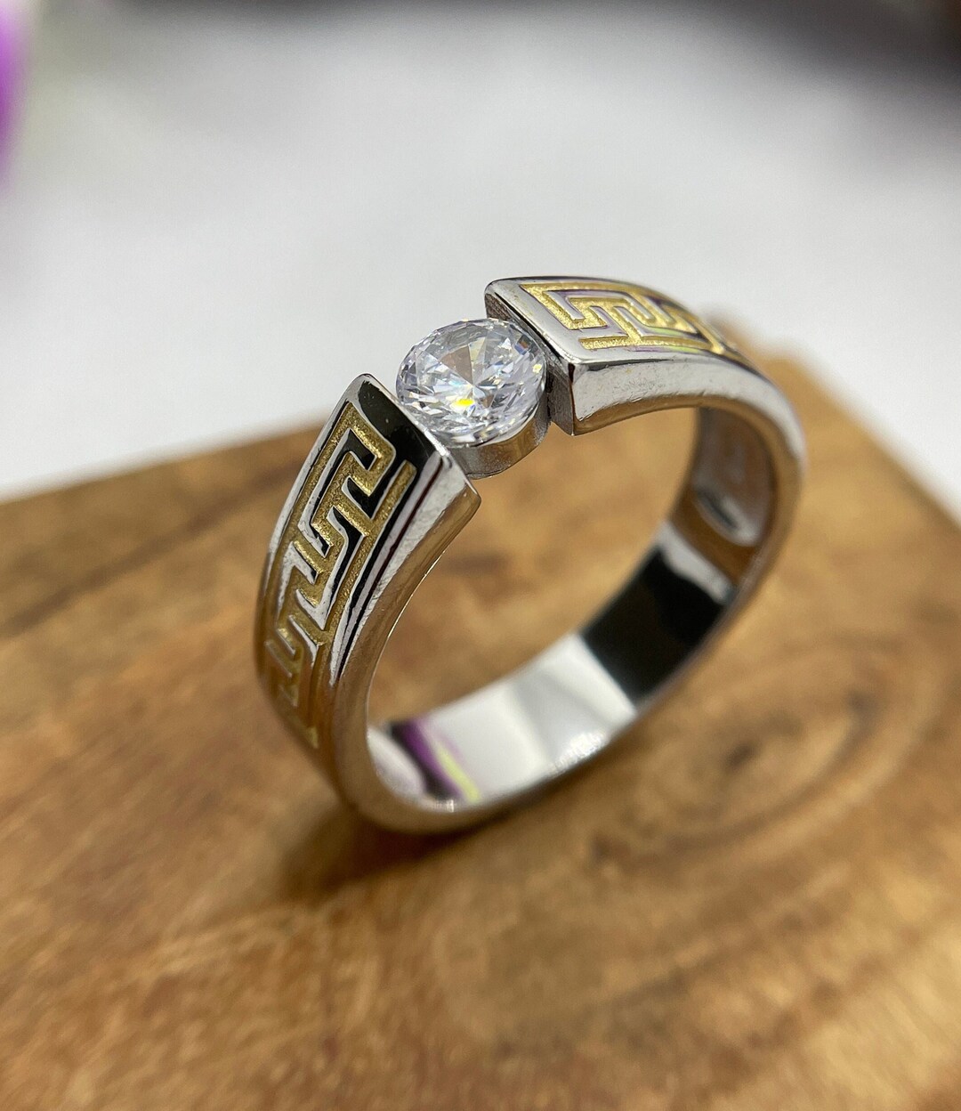 Greek Key Ring. Meander Ring for Men. Art Deco Round Moissanite Ring for Him. Statement Ring for ...