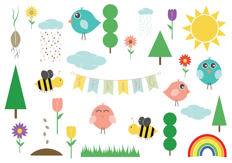 Spring Clipart | Trees and Flowers Clipart | Commercial Use | Rainbow ...