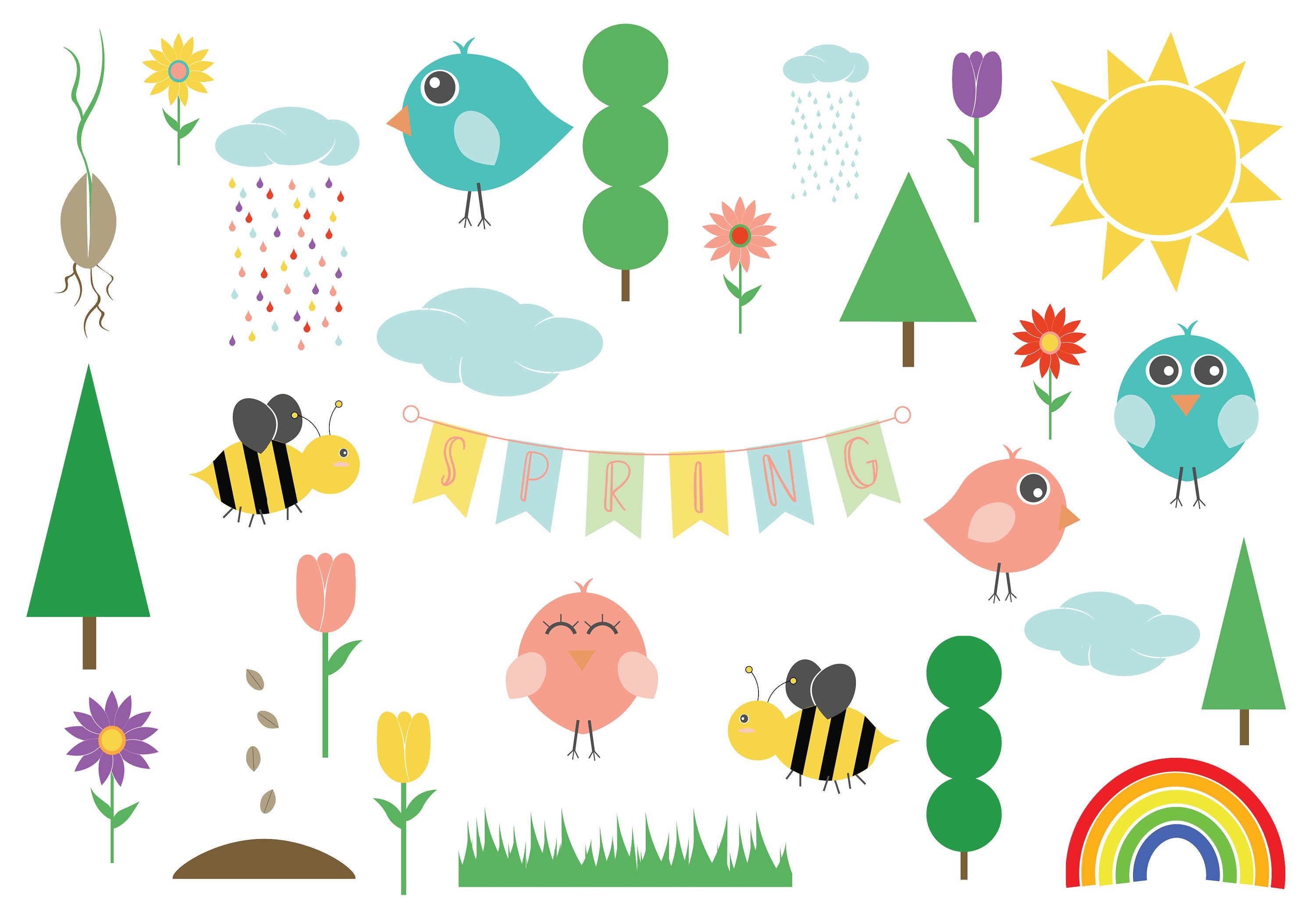 Spring Clipart | Trees and Flowers Clipart | Commercial Use | Rainbow ...