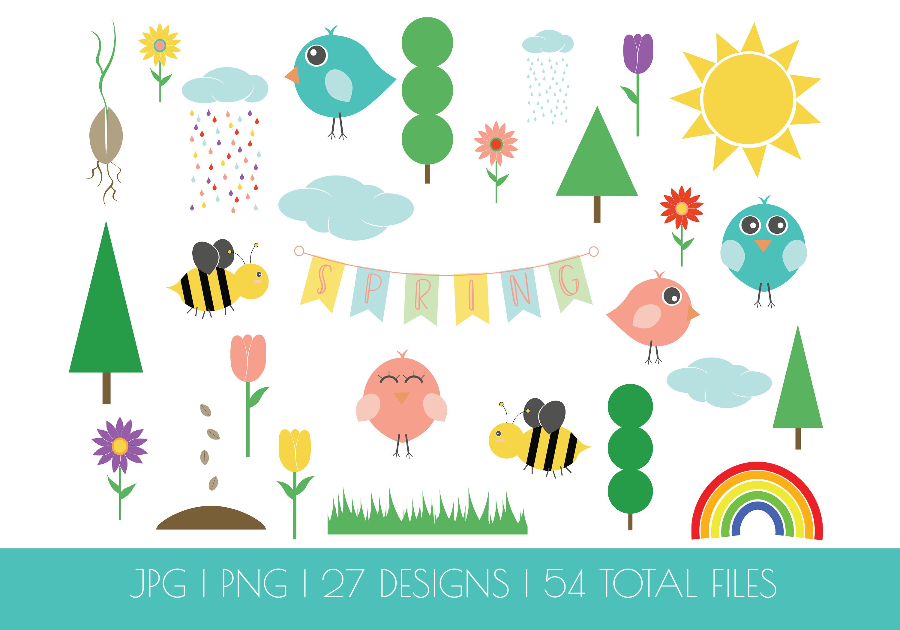 Spring Clipart | Trees and Flowers Clipart | Commercial Use | Rainbow ...