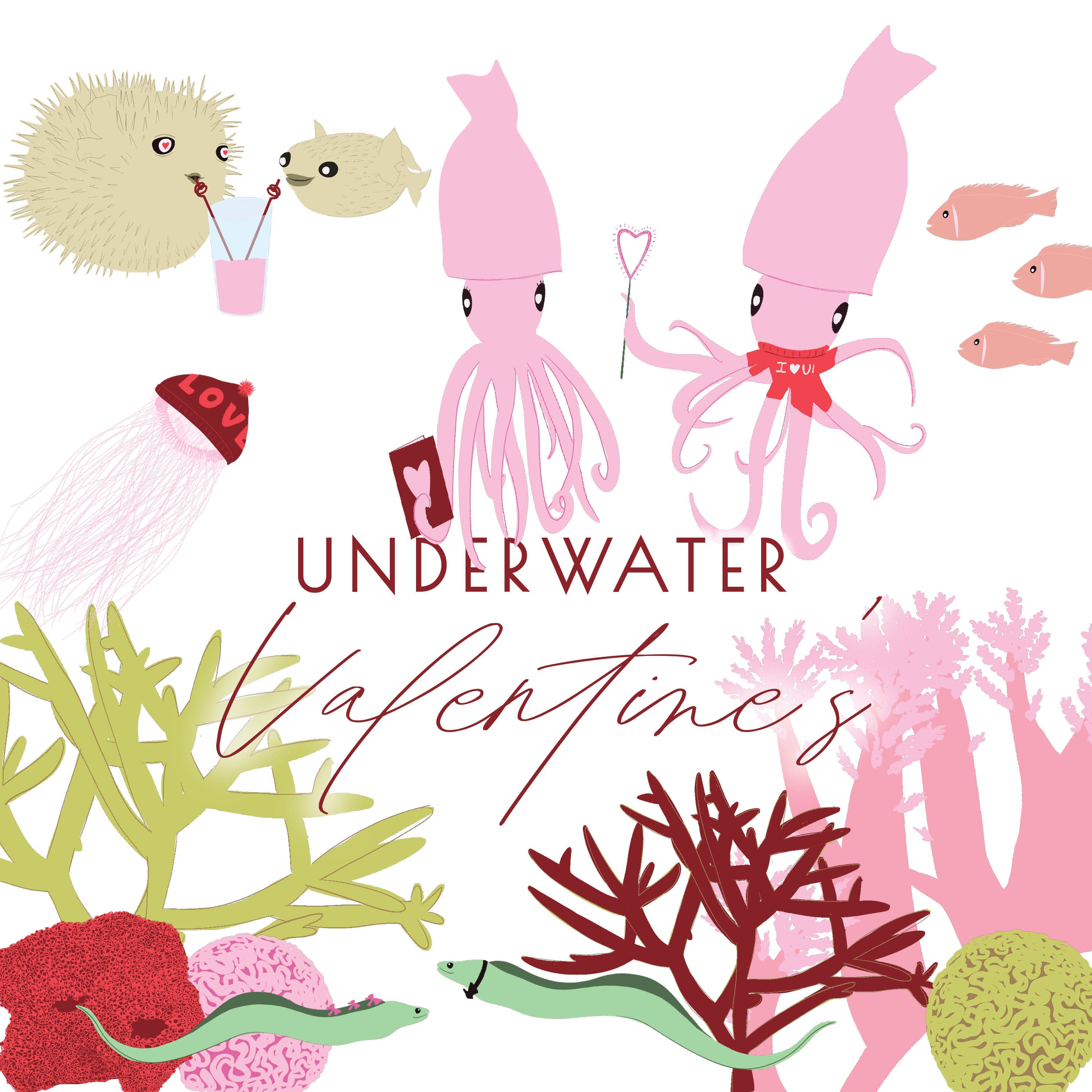 Underwater Valentines Clipart | Squid Valentines | Commercial Use ...
