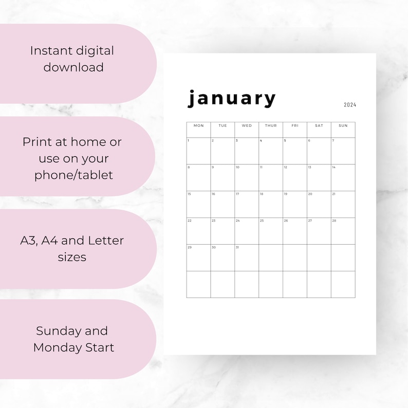 Printable 2024 Portrait Month to View Calendar Digital Download ...
