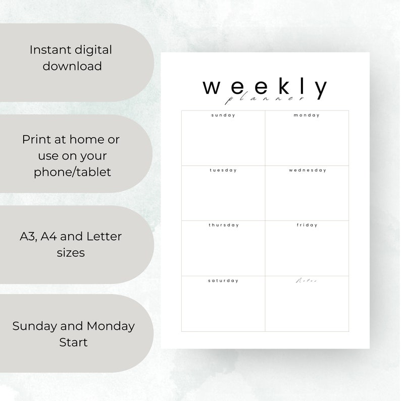 Printable Weekly 7 Day Planner Digital Download Template - Etsy