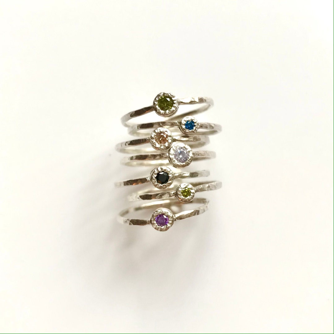 Delicate Colorful CZ Solitaire Stacking Rings Sterling Silver 925 ...