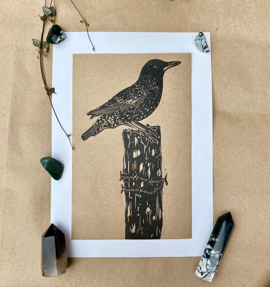 Starling Lino Print Handprinted Printmaking Bird Relief Block Print ...
