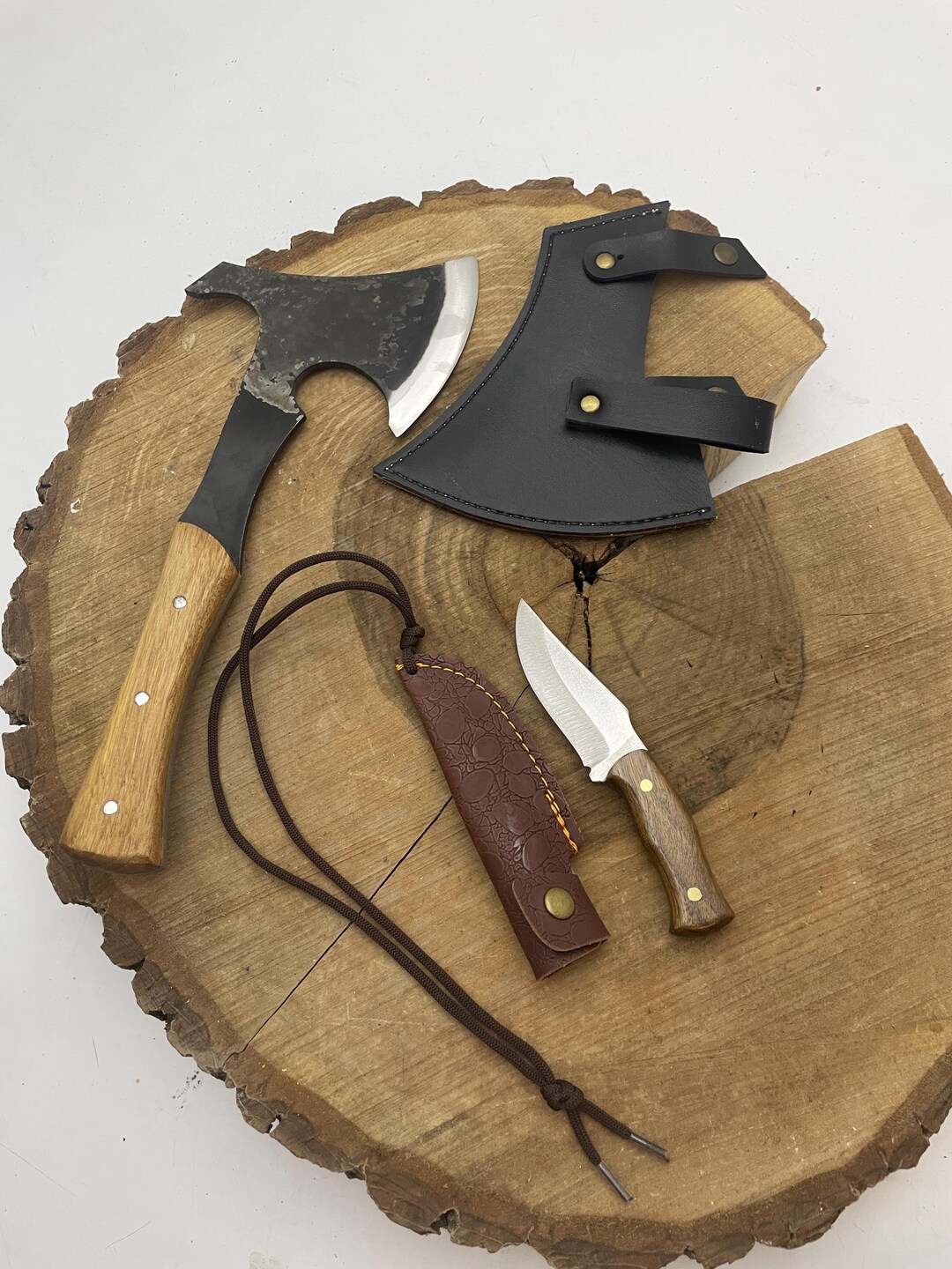 2 Pcs Camping Knife Set Neck Knife and Hand Made Hatchet Groomsmen ...