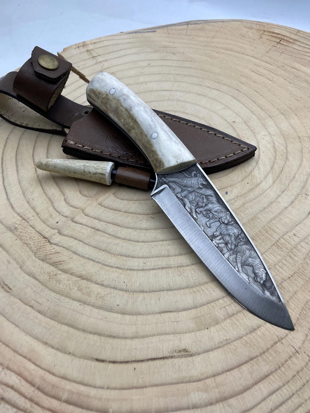 Engraved Deer Antler Handle Hunting Knife: N690 Steel, Fire Starter ...