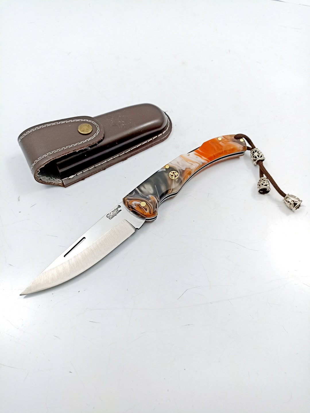 Epoxy Handle Folding Knife and Sheath, Custom Engraved Pocket Knife ...