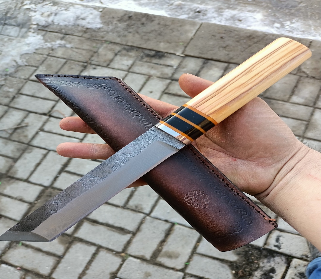 Hand Forged Tanto Knife: Carbon Steel Samurai Blade With Olive Wood Grip - Etsy