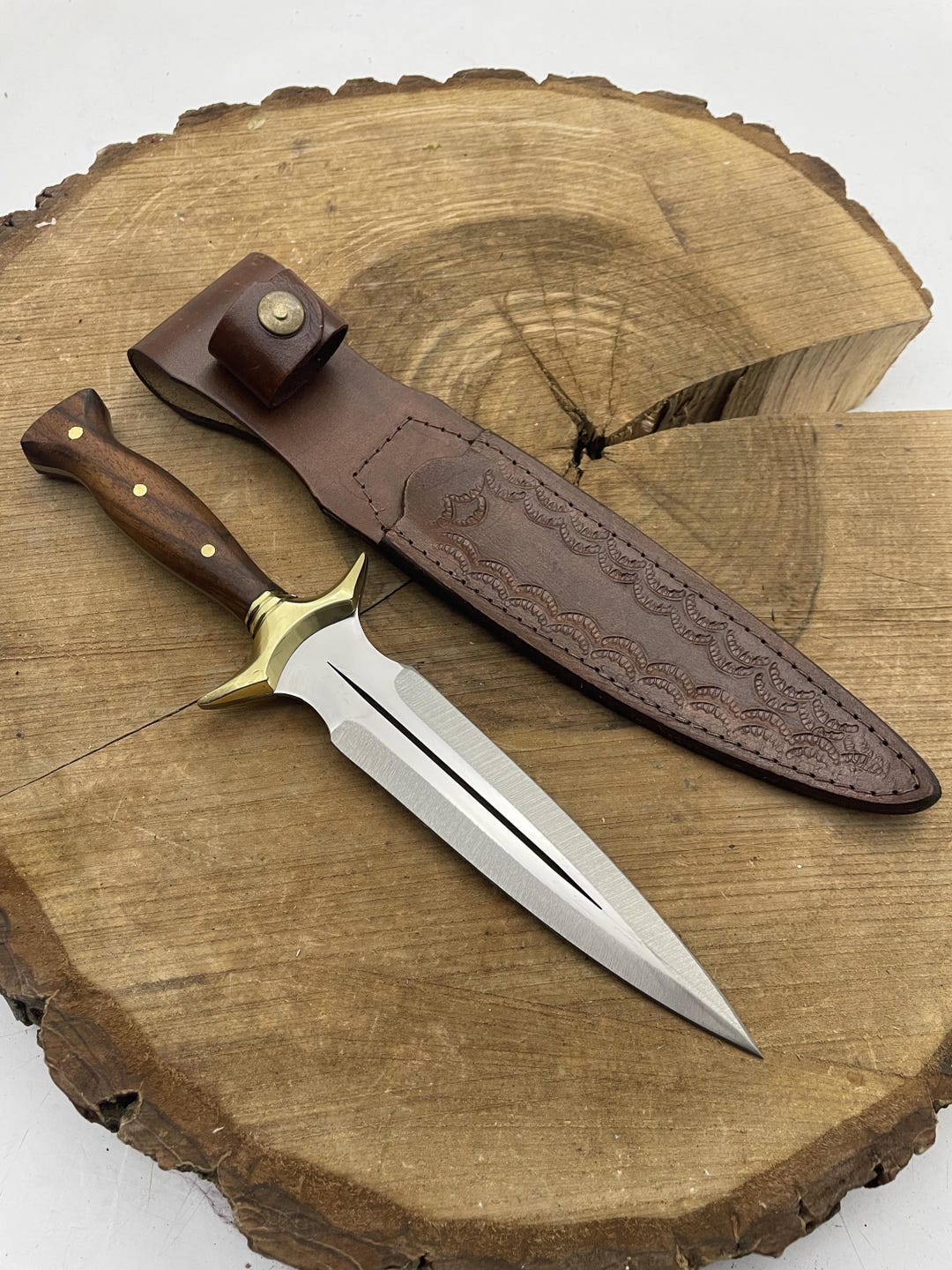 Wooden Handle Double Edge Dagger Knive With Leather Sheath Groomsmen ...