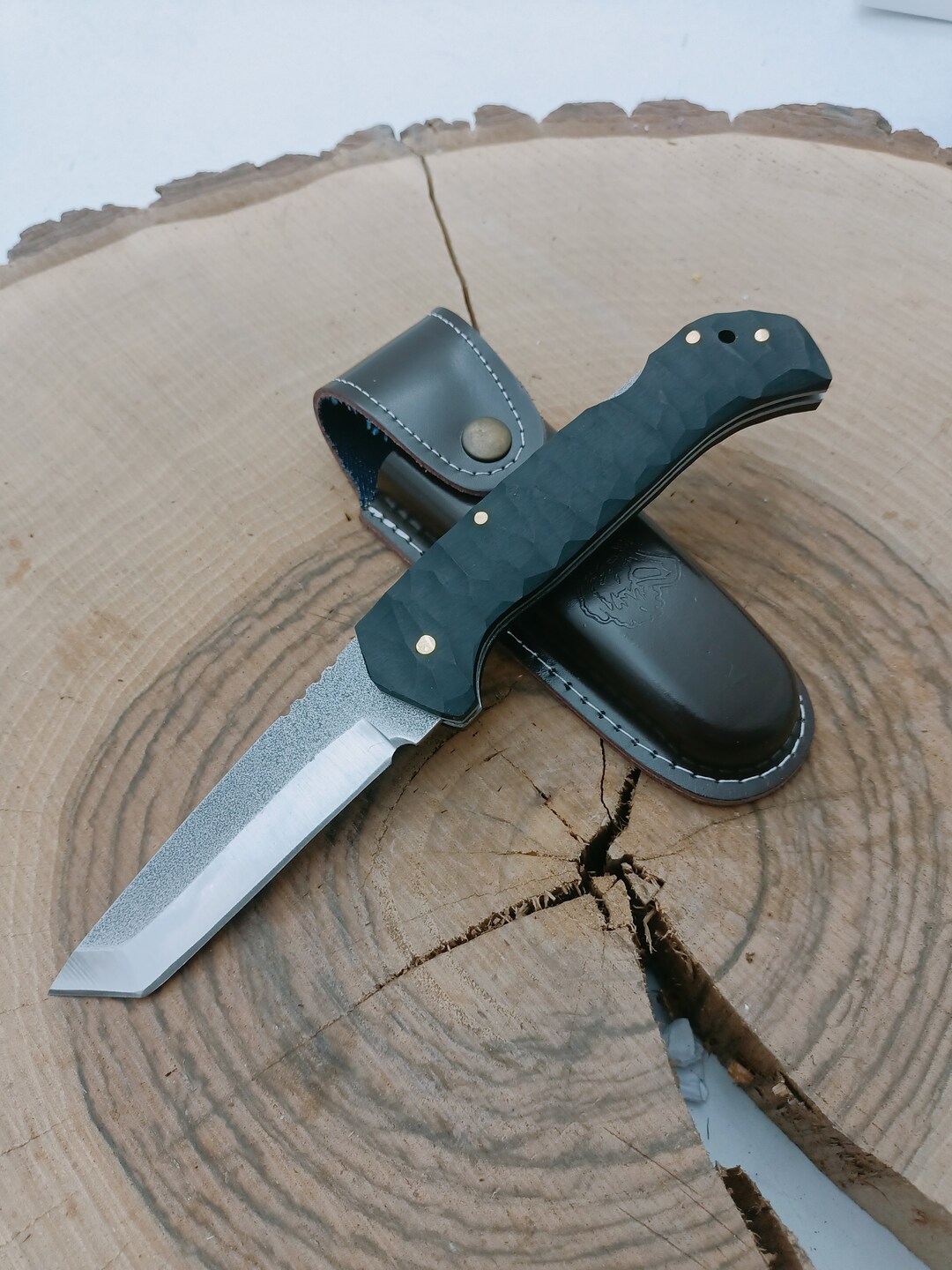 Custom Engraved Tanto Folding Knife: Micarta Grip, Leather Sheath - Etsy