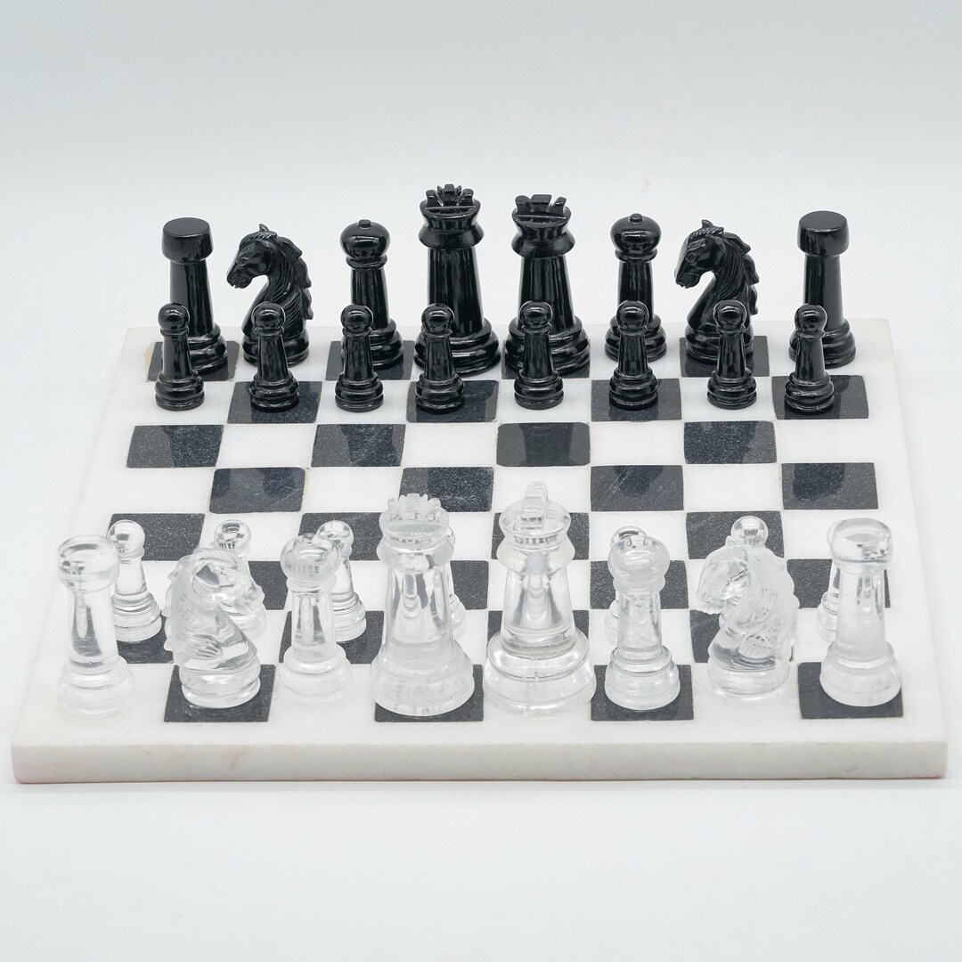 Natural Handmade Crystal Quartz Black Obsidian Marble Chess Set Game ...