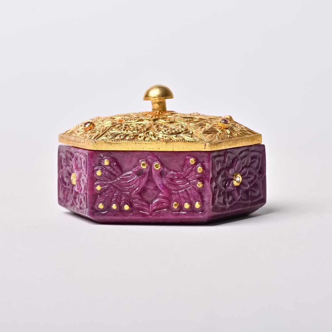 Natural Hand Carved Ruby Box Silver Gold Gemstone Carving Art Deco Bowl ...