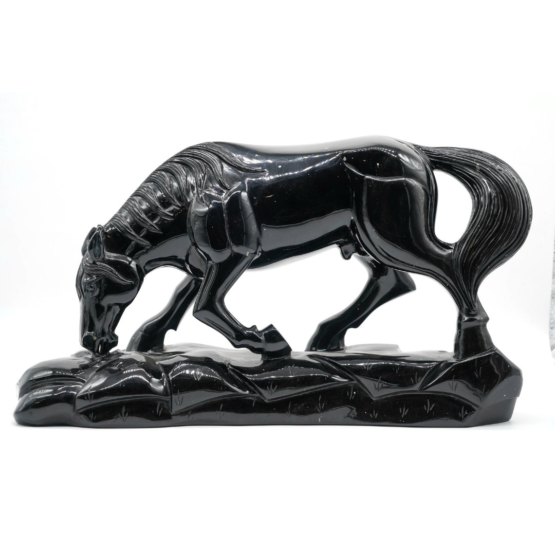 Natural Handmade Black Obsidian Horse Sculpture Statue Art Deco ...