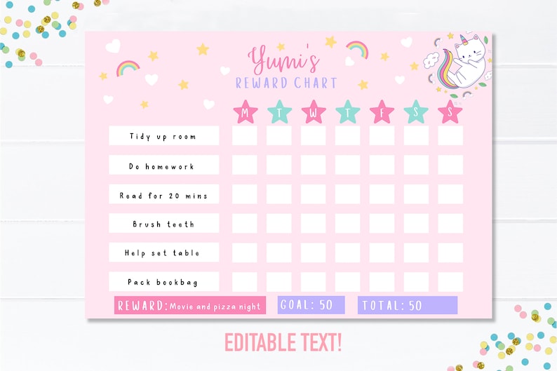Editable Reward Chart Cute Kids Behaviour Chart Pink Digital Template ...