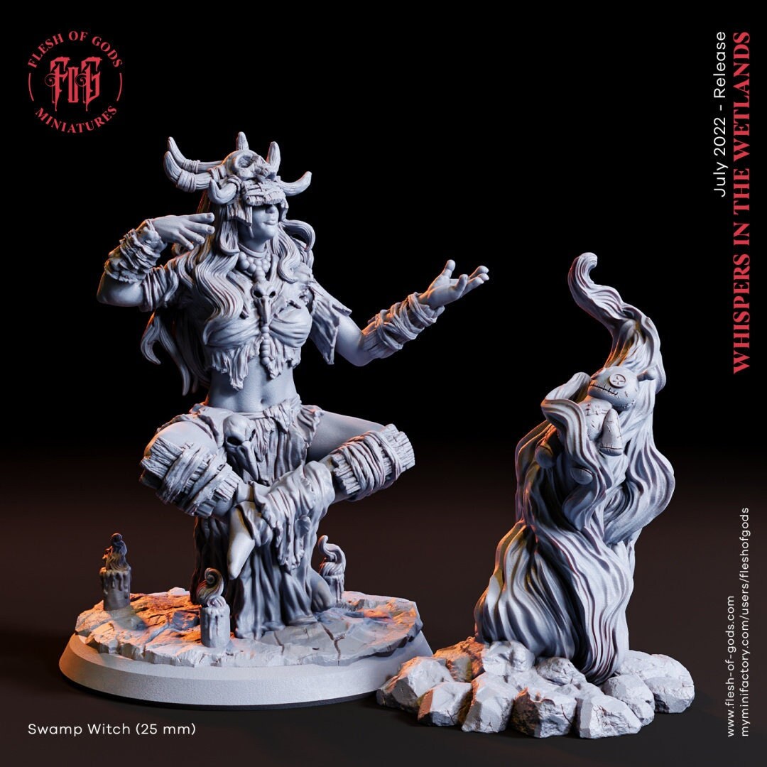 Dnd Swamp Witch With Standalone Fire Unpainted Miniature - Etsy