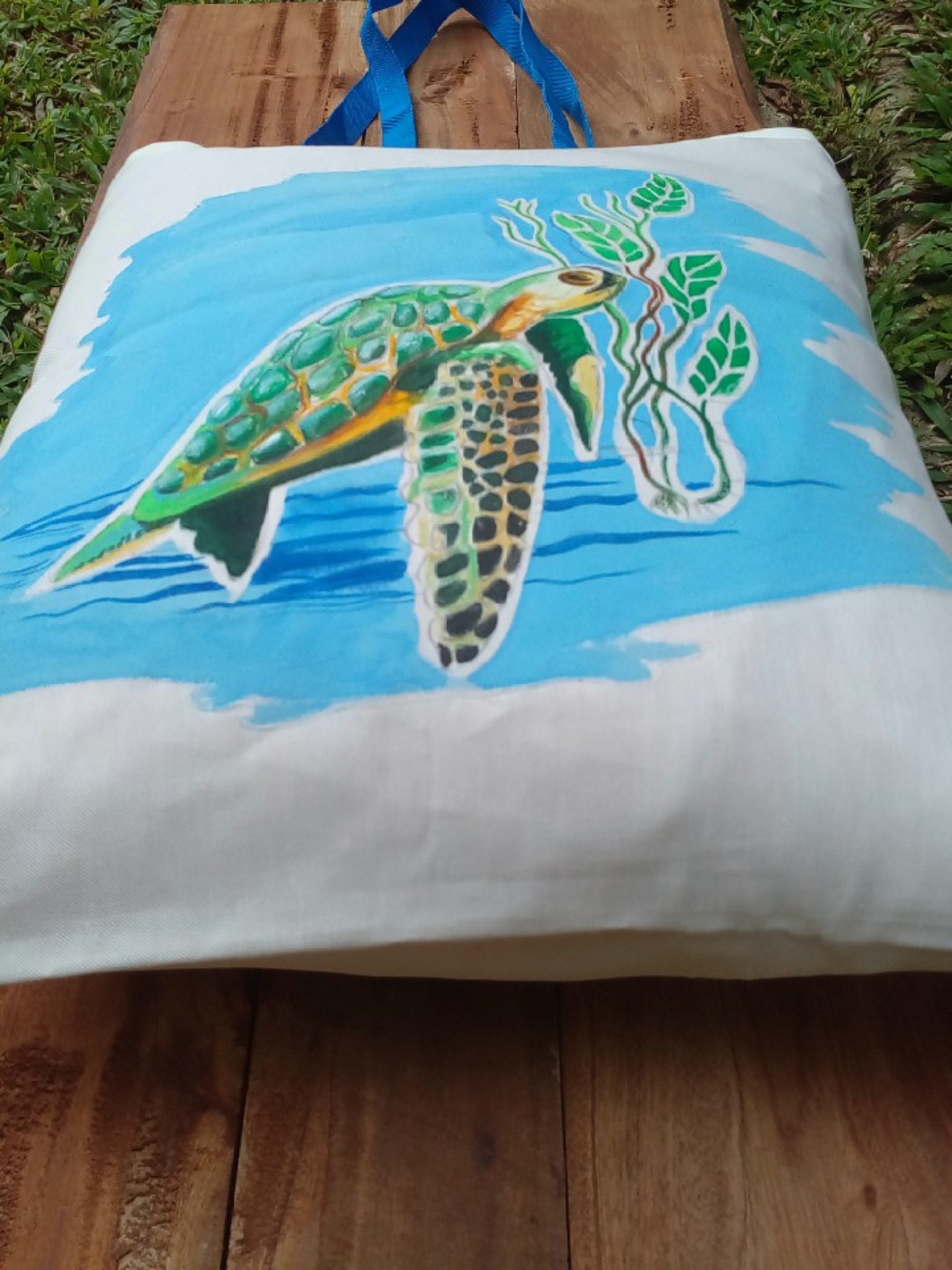 Sea Turtle Bag Cotton Reusable Hand Painted Sea Ocean Bag Aqua Beach ...