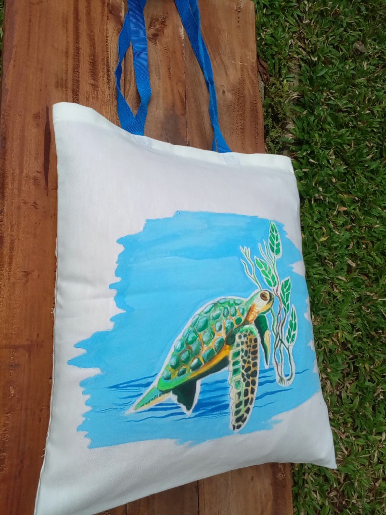 Sea Turtle Bag Cotton Reusable Hand Painted Sea Ocean Bag Aqua Beach ...