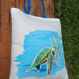 Sea Turtle Bag Cotton Reusable Hand Painted Sea Ocean Bag Aqua Beach ...