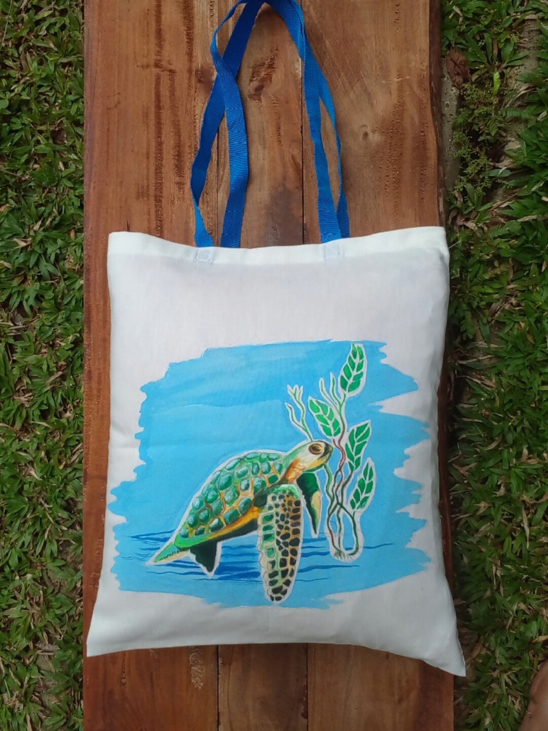 Sea Turtle Bag Cotton Reusable Hand Painted Sea Ocean Bag Aqua Beach ...