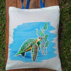 Sea Turtle Bag Cotton Reusable Hand Painted Sea Ocean Bag Aqua Beach ...
