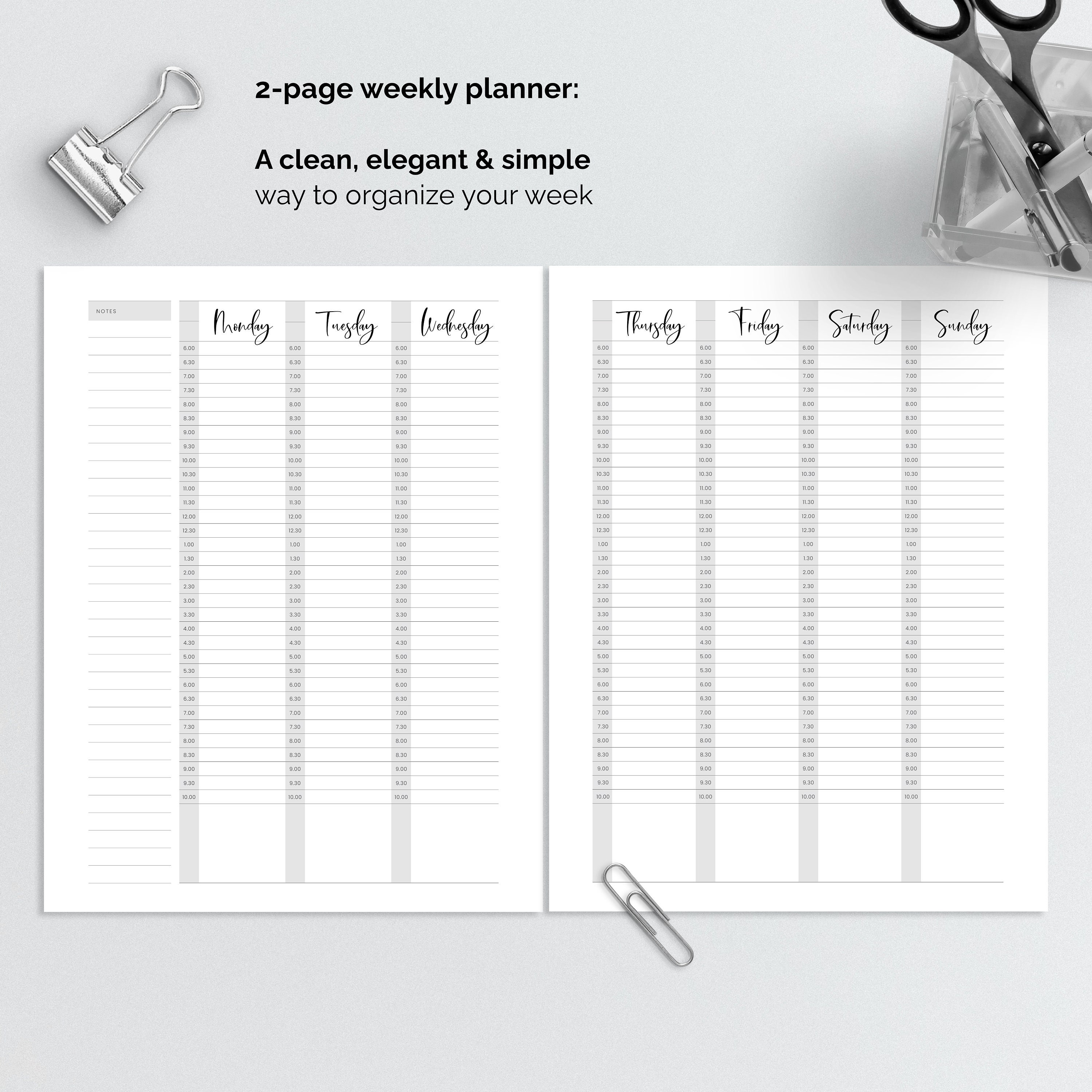 Printable Weekly Planner Half Hour 2 Pages Pdf Undated Daily | Etsy
