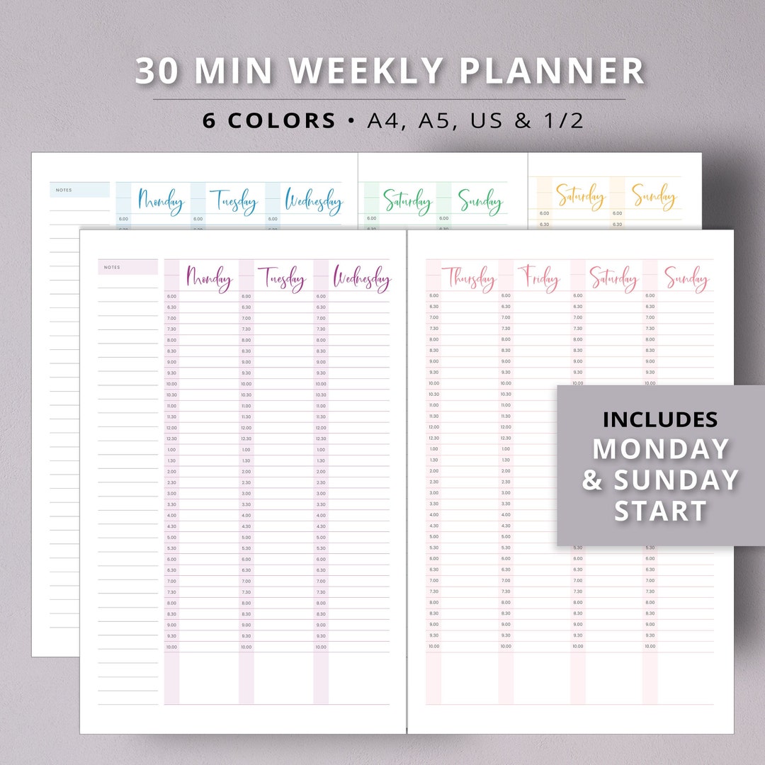 Printable Weekly Planner Half Hour 2 Pages Pdf Undated Daily Monthly ...