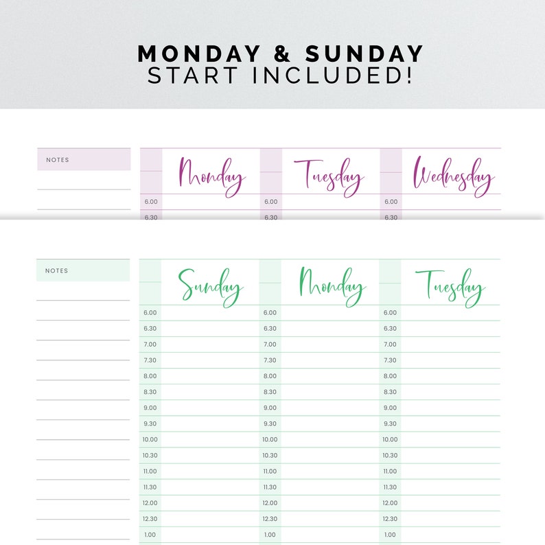 Printable Weekly Planner Half Hour 2 Pages Pdf Undated Daily | Etsy