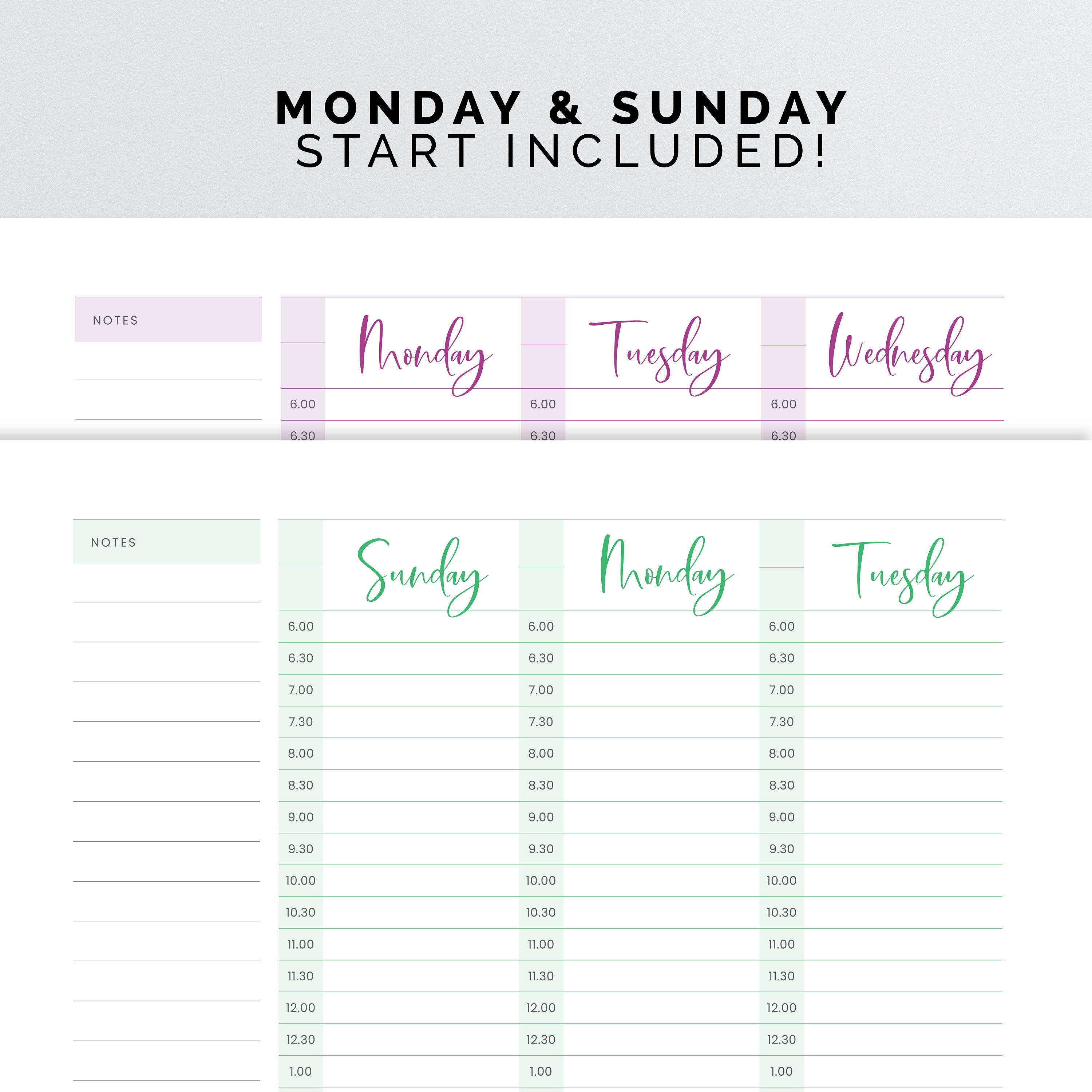 Printable Weekly Planner Half Hour 2 Pages Pdf Undated Daily | Etsy