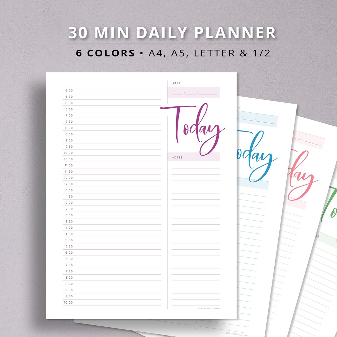 Daily Planner Printable Half Hour Pdf Undated Planner Weekly Monthly ...