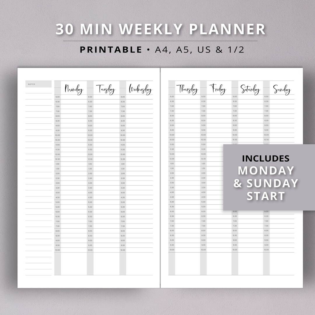 Printable Weekly Planner Half Hour 2 Pages Pdf Undated Daily Monthly ...