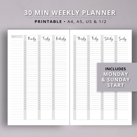 Printable Weekly Planner Half Hour 2 Pages Pdf Undated Daily | Etsy