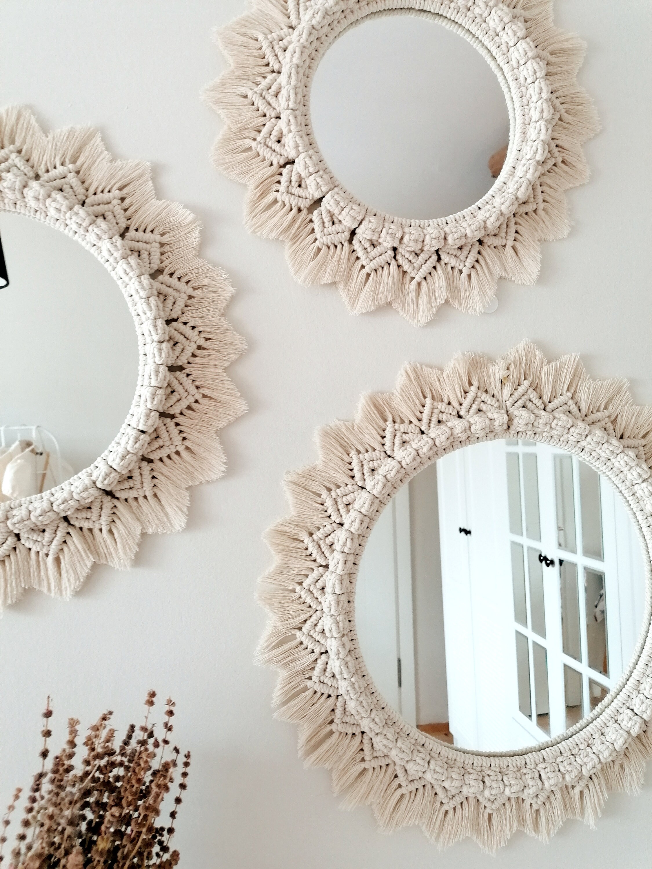 Set Macrame Wall Mirror Round Mirror Soft Macrame Boho - Etsy