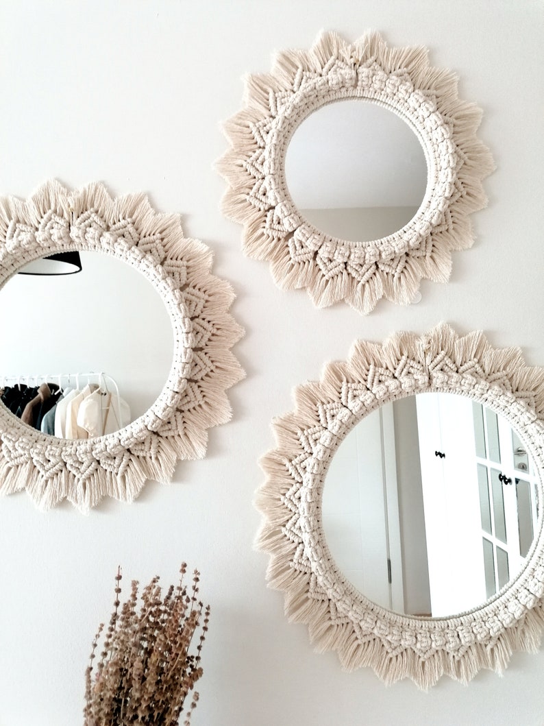 Set Macrame Wall Mirror Round Mirror Soft Macrame Boho - Etsy