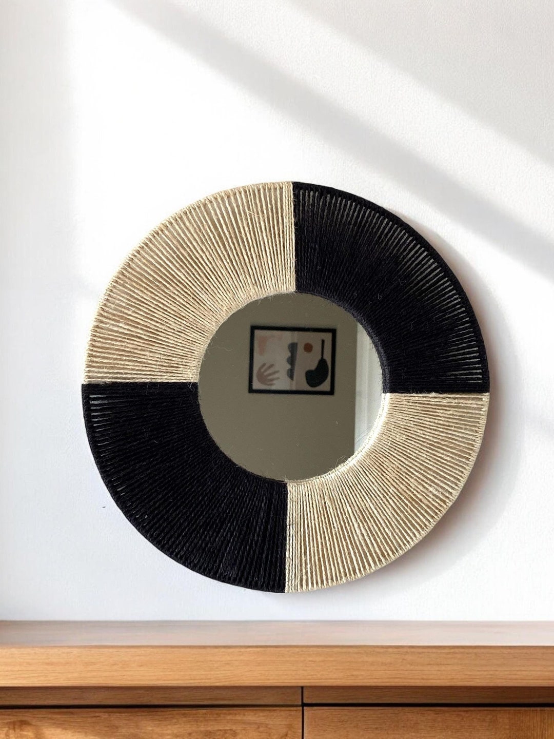 Large Round Mirror, Natural Boho Home Decor, Retro Decor, Black&beige ...