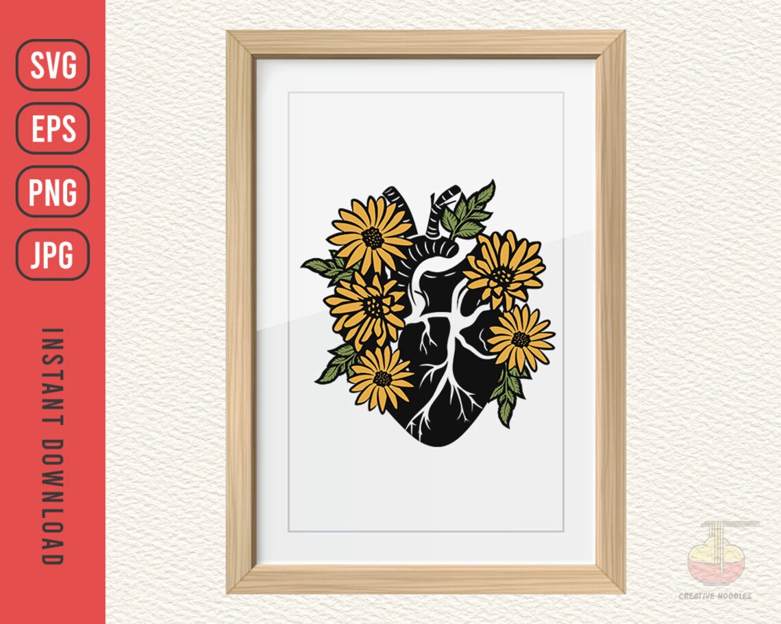 Floral Heart Svg Design Cute Heart Svg Sunflower Heart Svg | Etsy