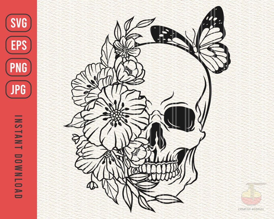Floral Skull Svg, Skull With Flowers Svg, Skeleton Head With Flowers ...
