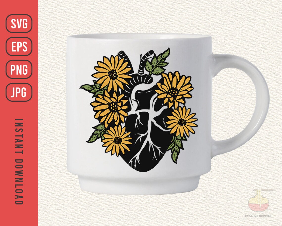 Floral Heart Svg Design Cute Heart Svg Sunflower Heart Svg | Etsy