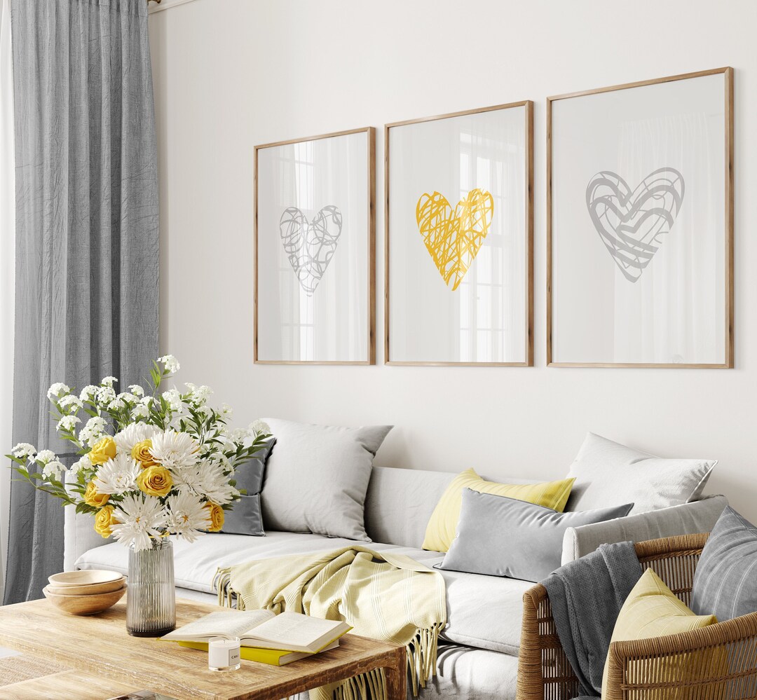 Love Heart Wall Prints, Yellow & Grey Wall Art Prints, Heart Wall Art ...