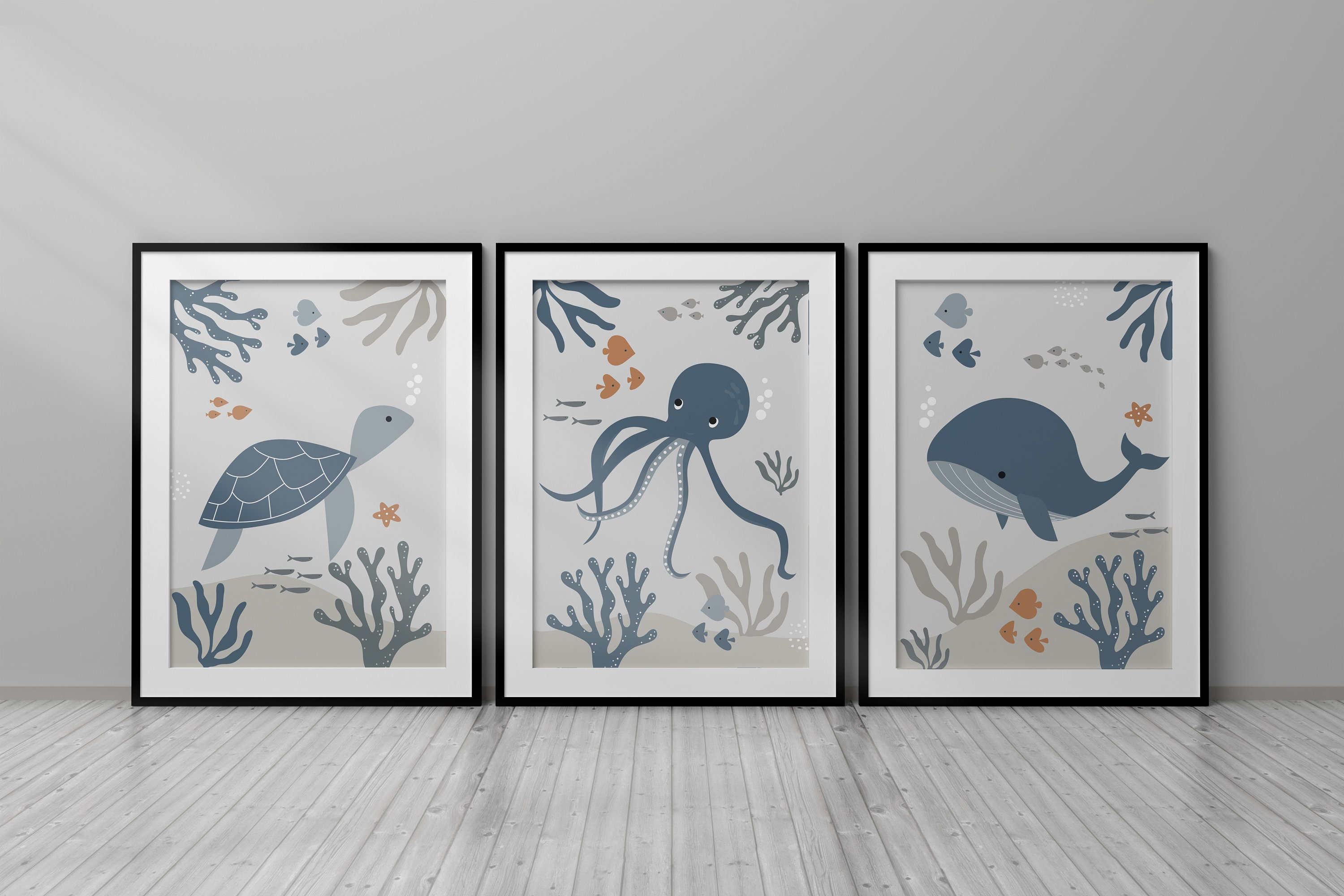 Boho Nursery Wall Prints, Sea Life Nursery Prints, Blue & Grey Nursery ...