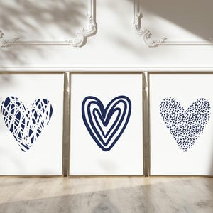Set of 3 Navy Blue Wall Art Prints, Navy Blue Wall Prints, Navy Blue Wall Decor, Love Heart ...