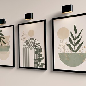 Boho Abstract Wall Art Prints, Boho Wall Decor, Set of 3 Prints, Green Wall Art, Mid Century ...