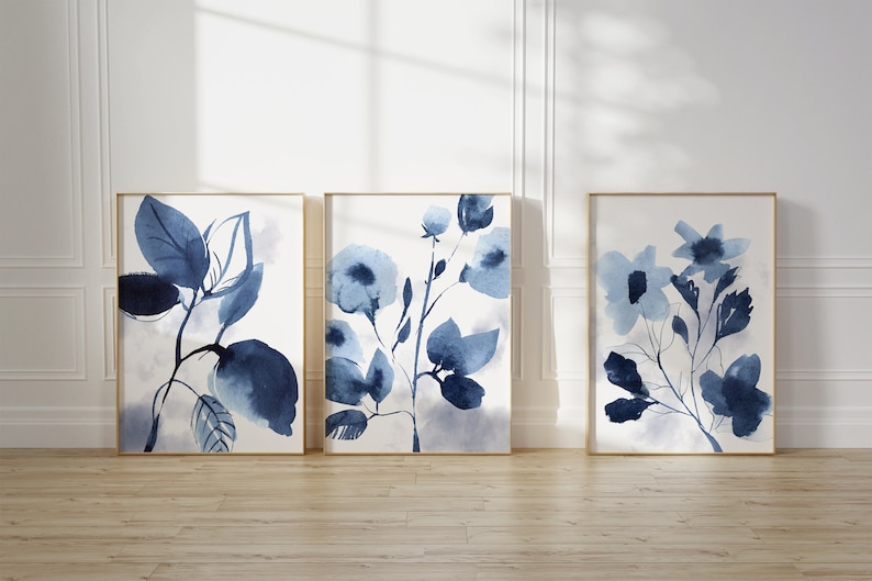 Blue Wall Prints, Botanical Wall Art, Navy Blue Wall Art, Blue Home ...