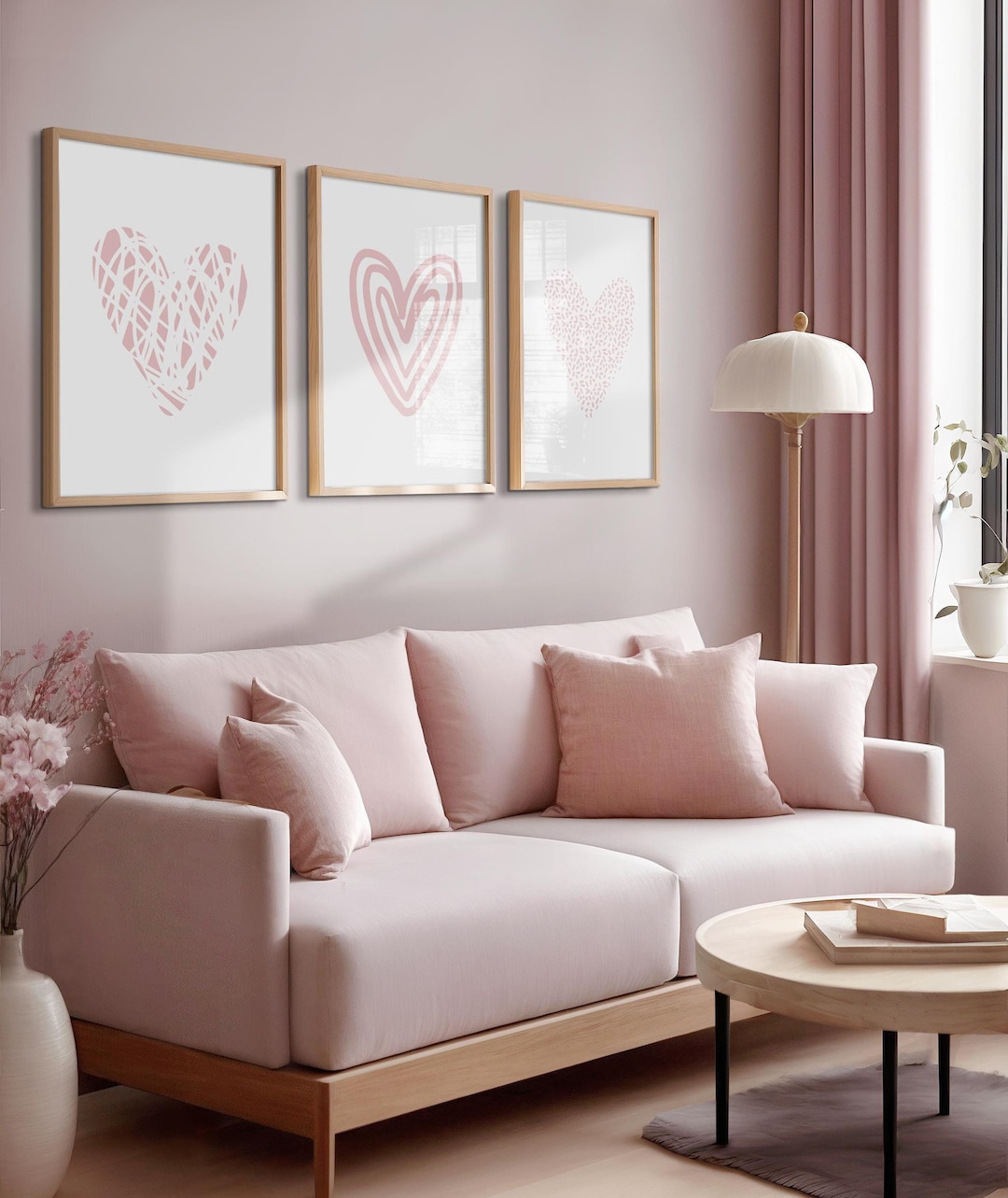 Blush Pink Wall Prints, Pink Wall Decor, Love Heart Bedroom Prints ...