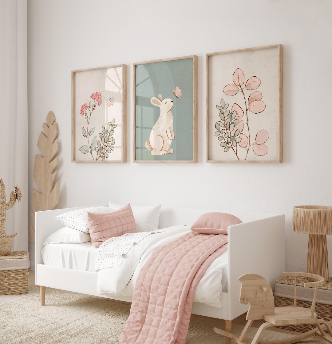 Girls Floral Bedroom Prints With Bunny & Butterfly, Nursery Wall Art ...