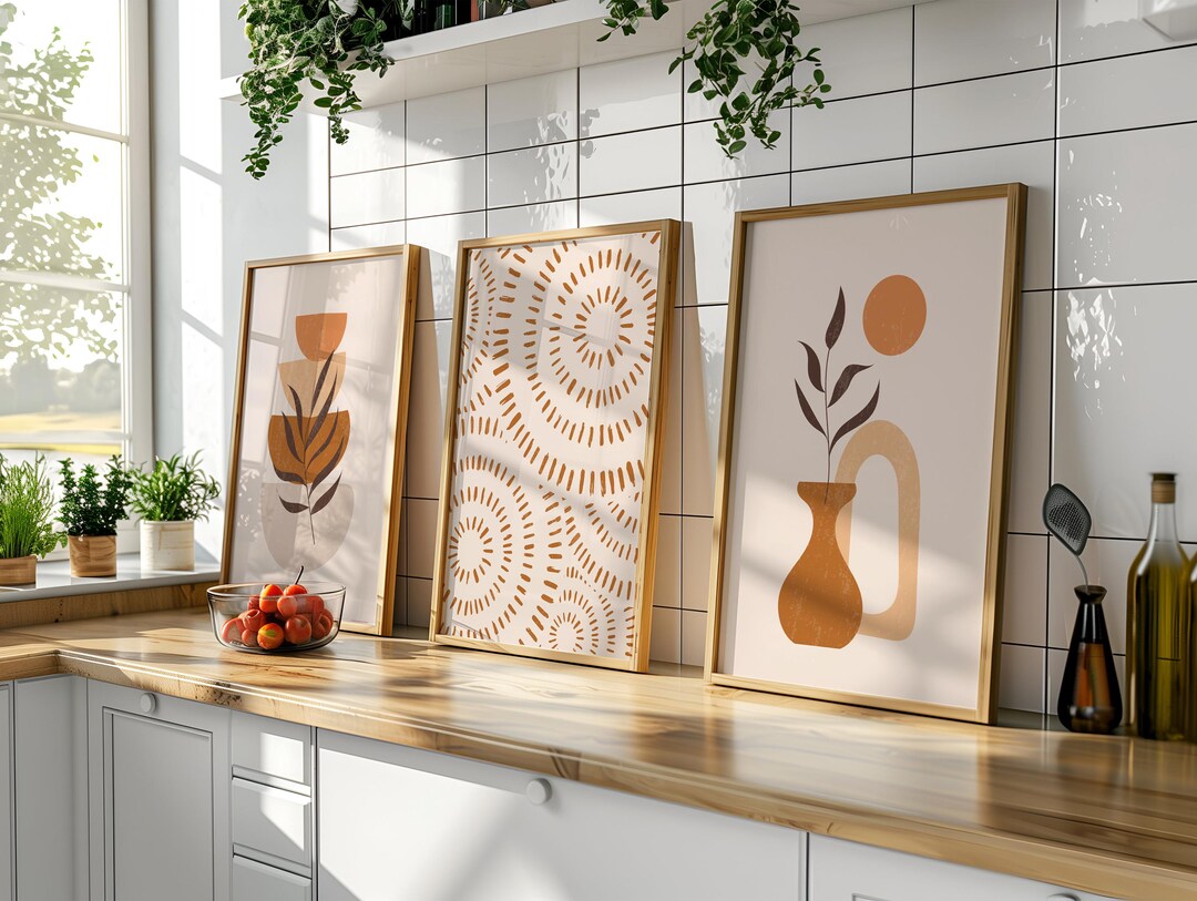 Set of 3 Abstract Kitchen Prints, Boho Kitchen Prints, Orange and Beige ...