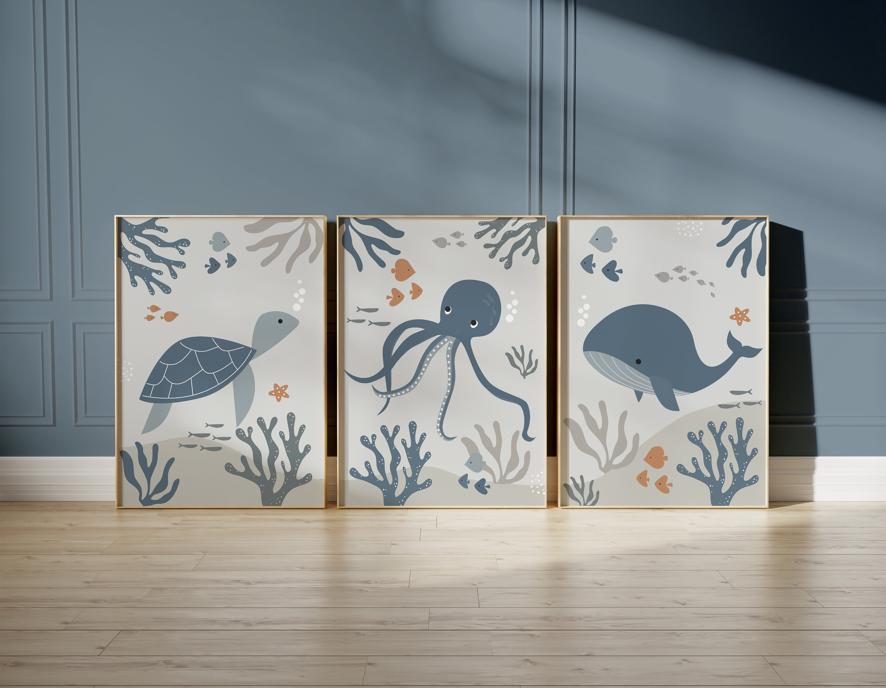 Boho Nursery Wall Prints, Sea Life Nursery Prints, Blue & Grey Nursery ...