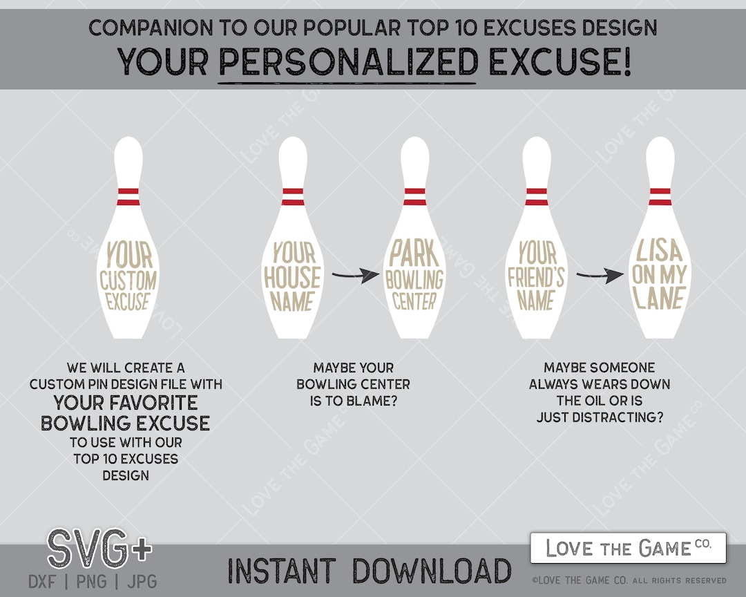 Custom Funny Bowling Excuses Pin Design File SVG JPG PNG - Etsy